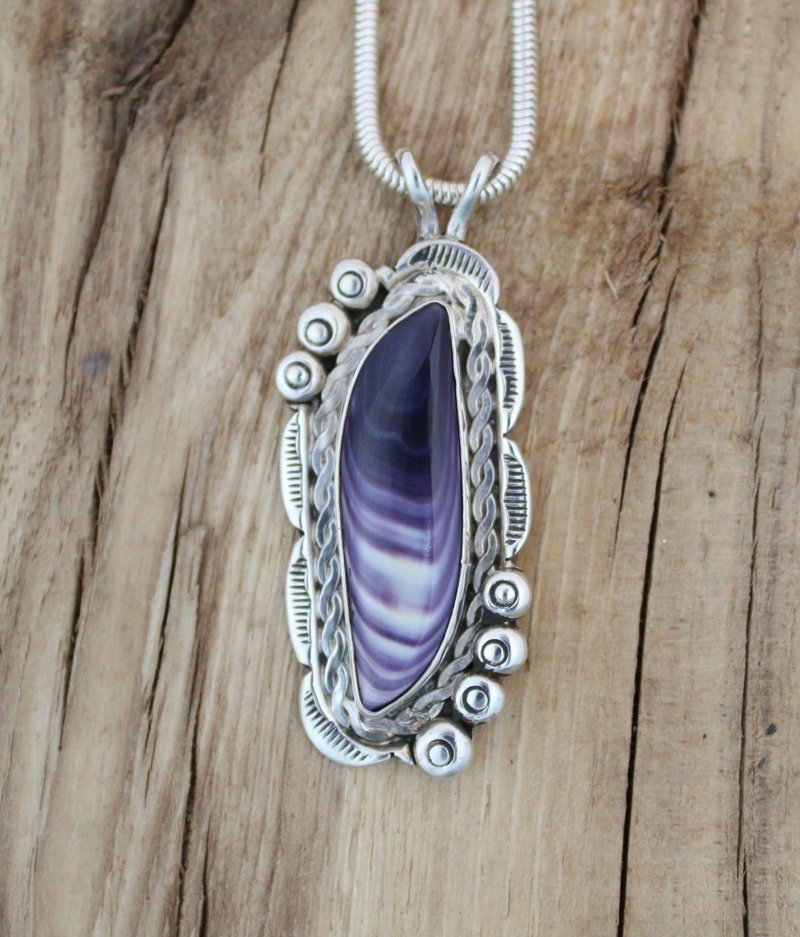Hand cut Wampum with Double Silver Design Pendant